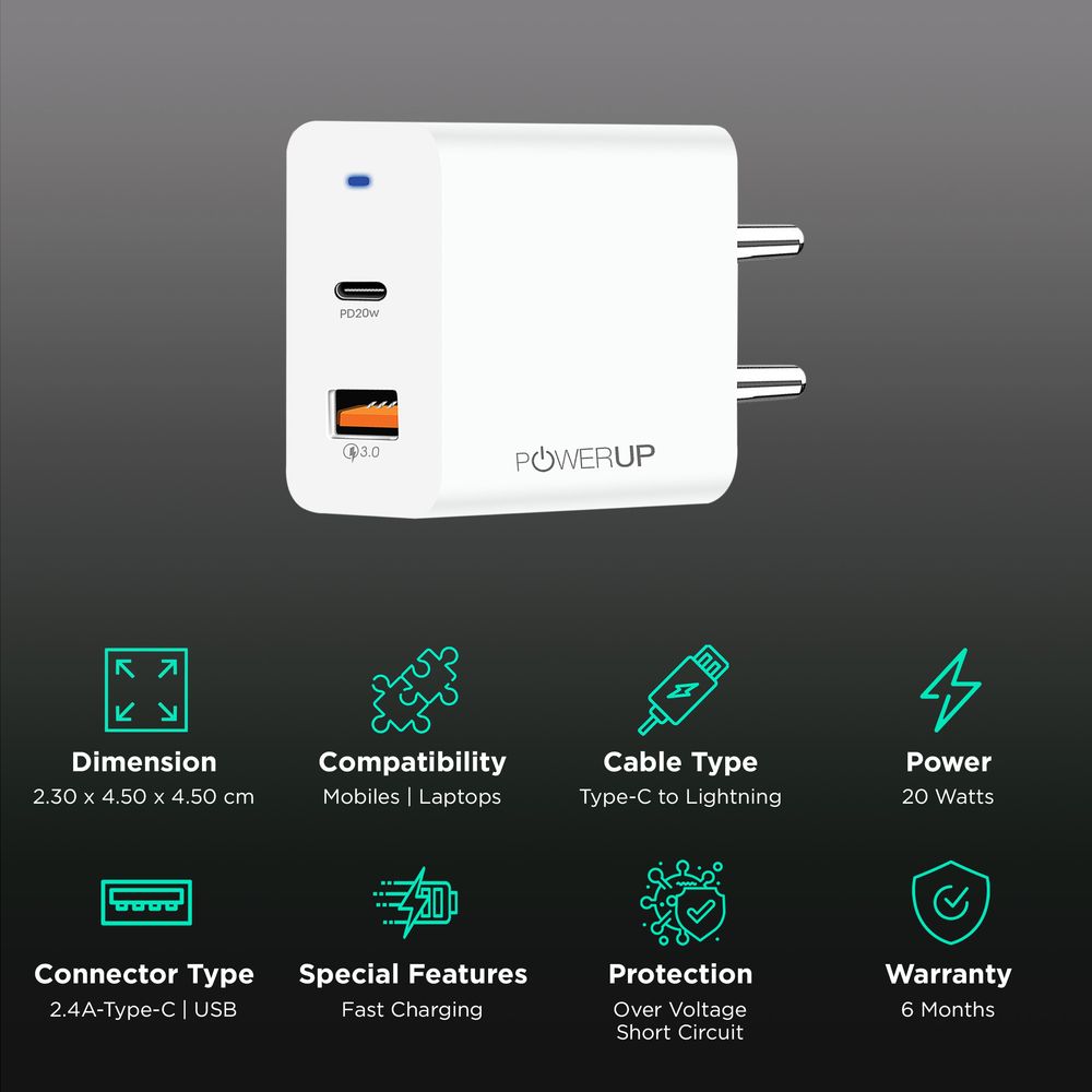 Buy POWERUP 20W Type A & Type C 2-Port Fast Charger (Type C & Lightning ... Buy POWERUP 20W Type A & Type C 2-Port Fast Charger (Type C & Lightning ...